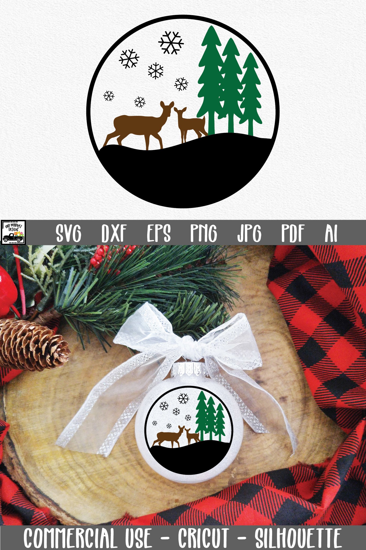 Christmas Ornament SVG File - Two Deer Winter Scene