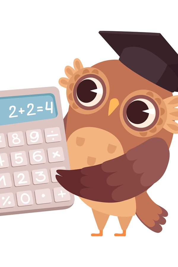 Mathematic teacher. Owl with calculator, bird professor. Iso