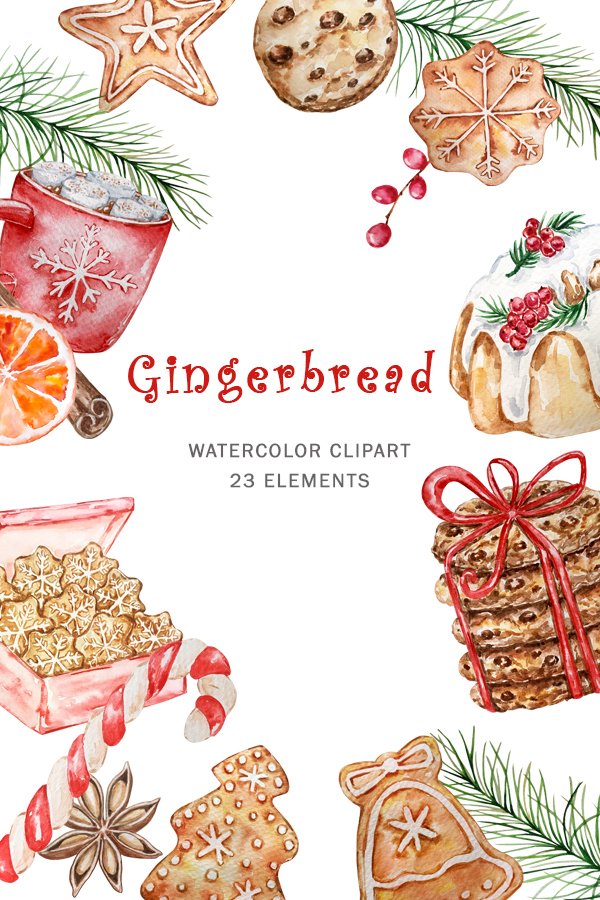 Gingerbread Watercolor Clipart, Christmas Clipart (993067)