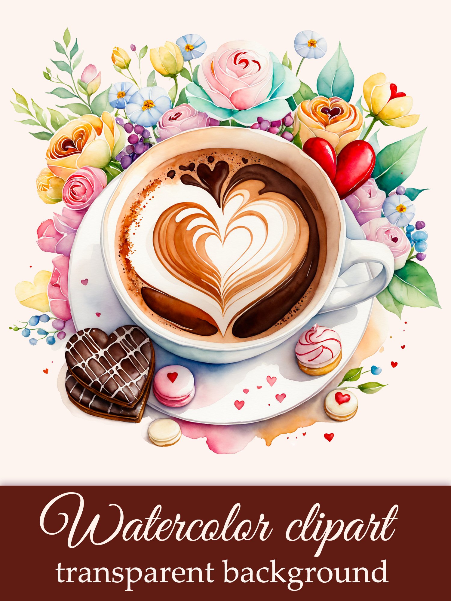 Watercolor coffee cup with hearts and chocolate, clipart Png