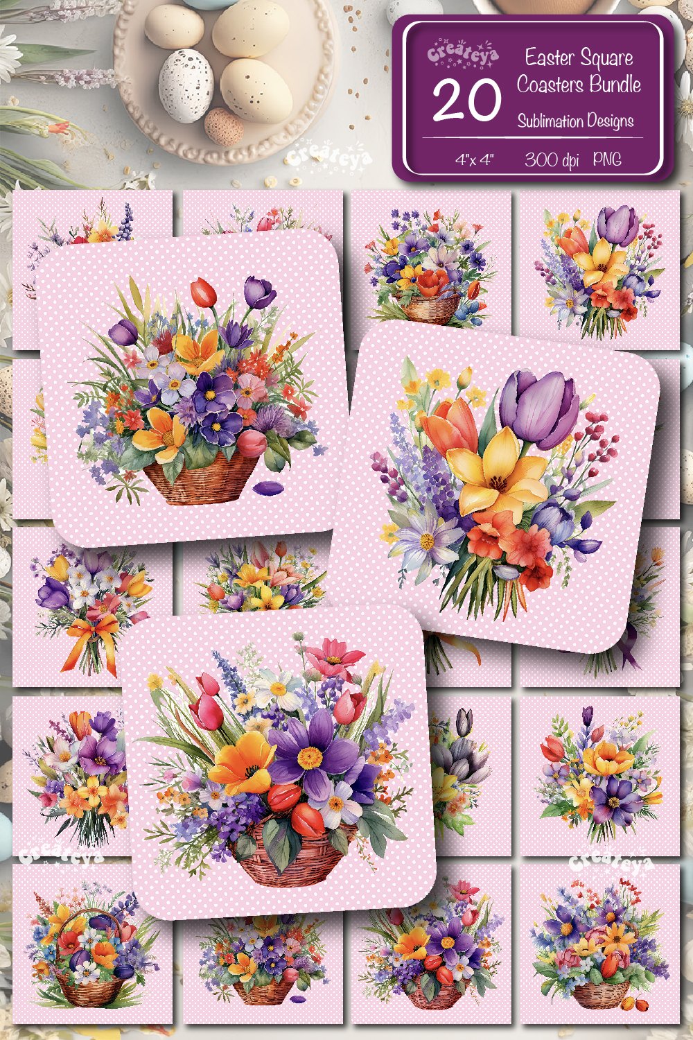 Flowers square coaster Bundle Spring coaster Sublimation PNG