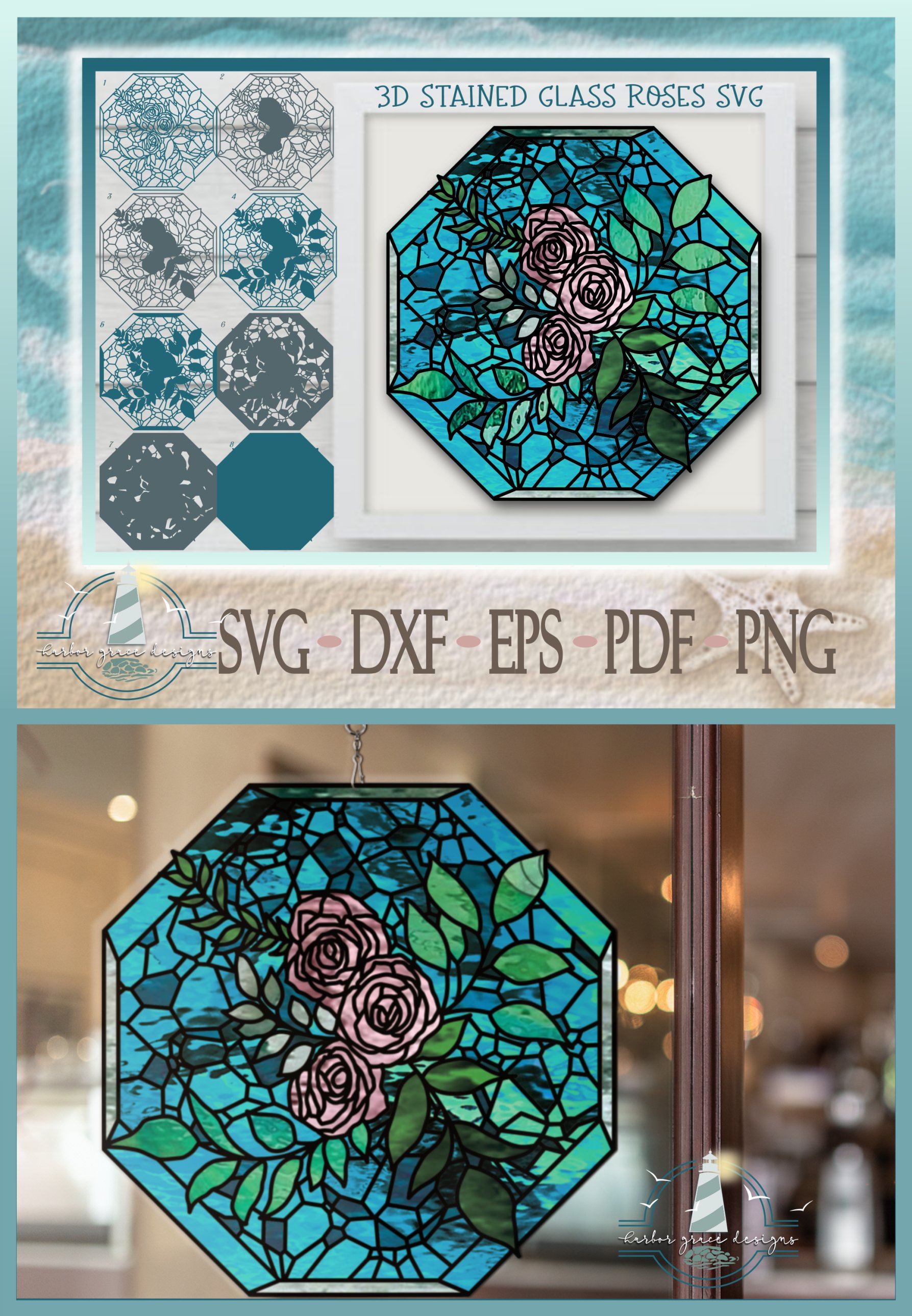 3D Multi Layered Faux Stained Glass Roses Mandala SVG