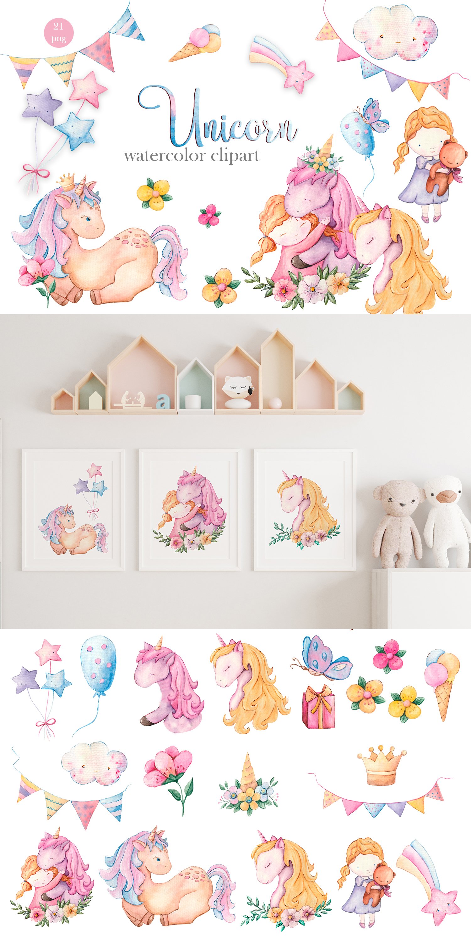 Watercolor cute rainbow unicorns clipart