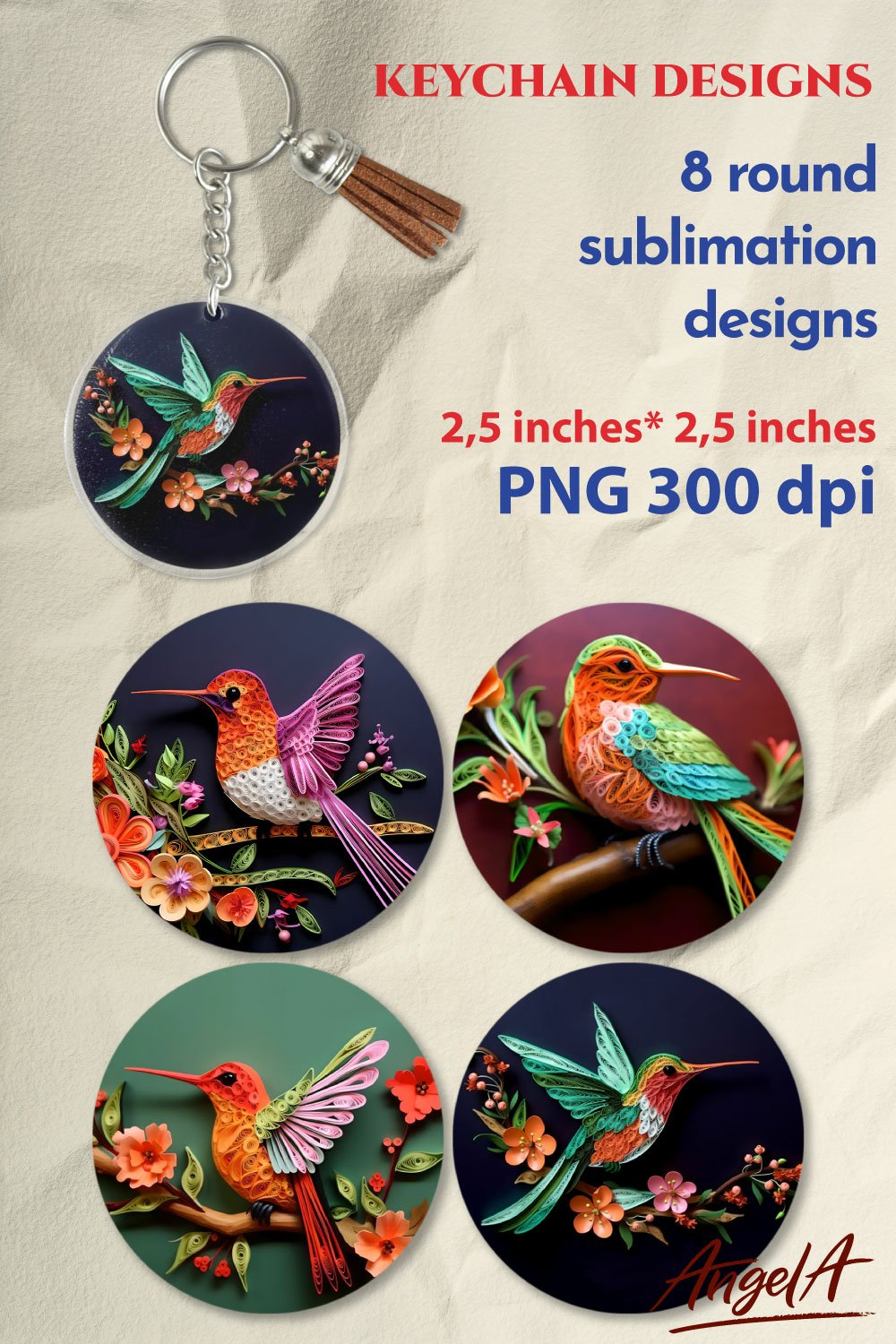 3d hummingbird sublimation PNG / Round keychain sublimation