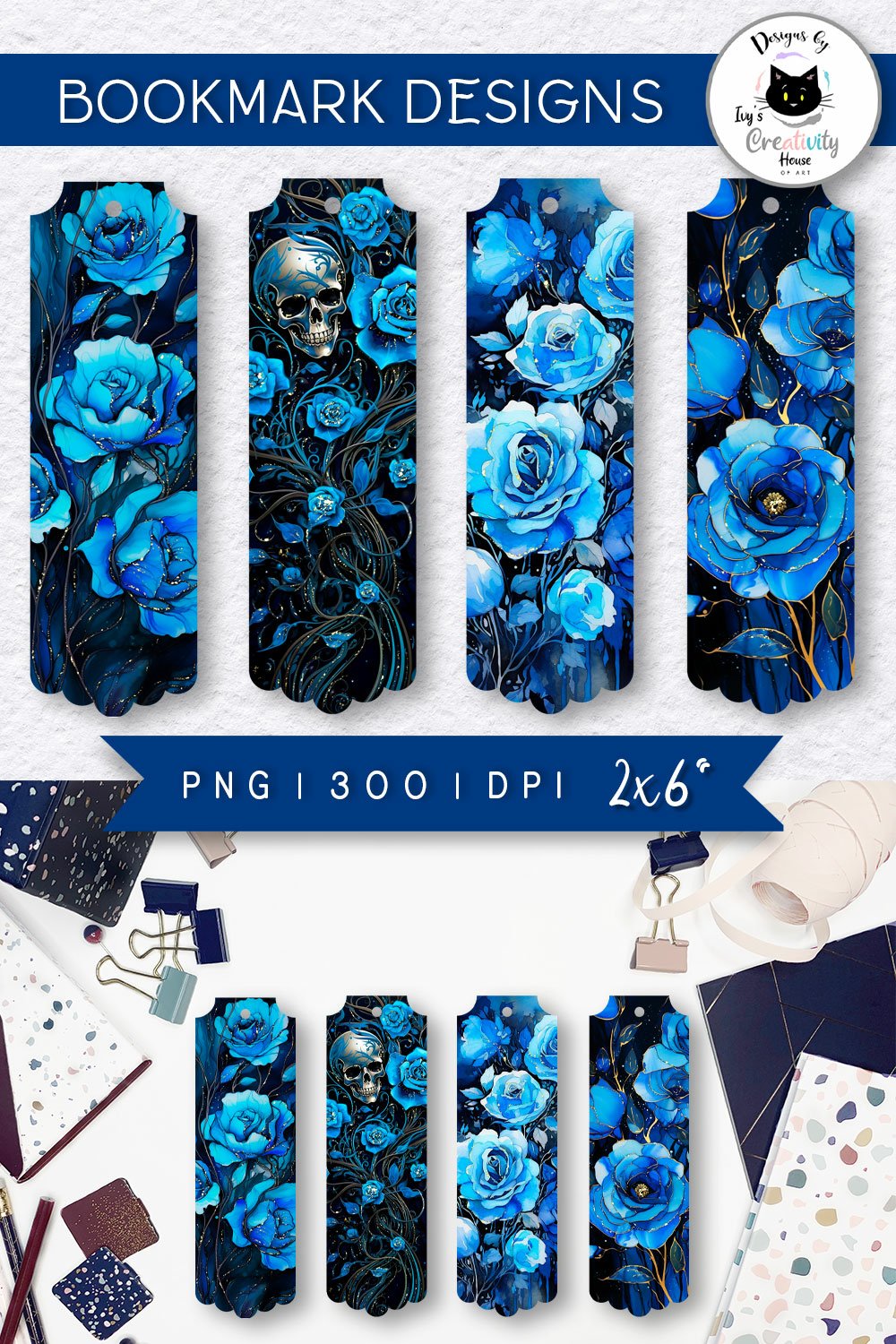 Blue Floral Bookmark Designs | Gothic Rose Bookmarks