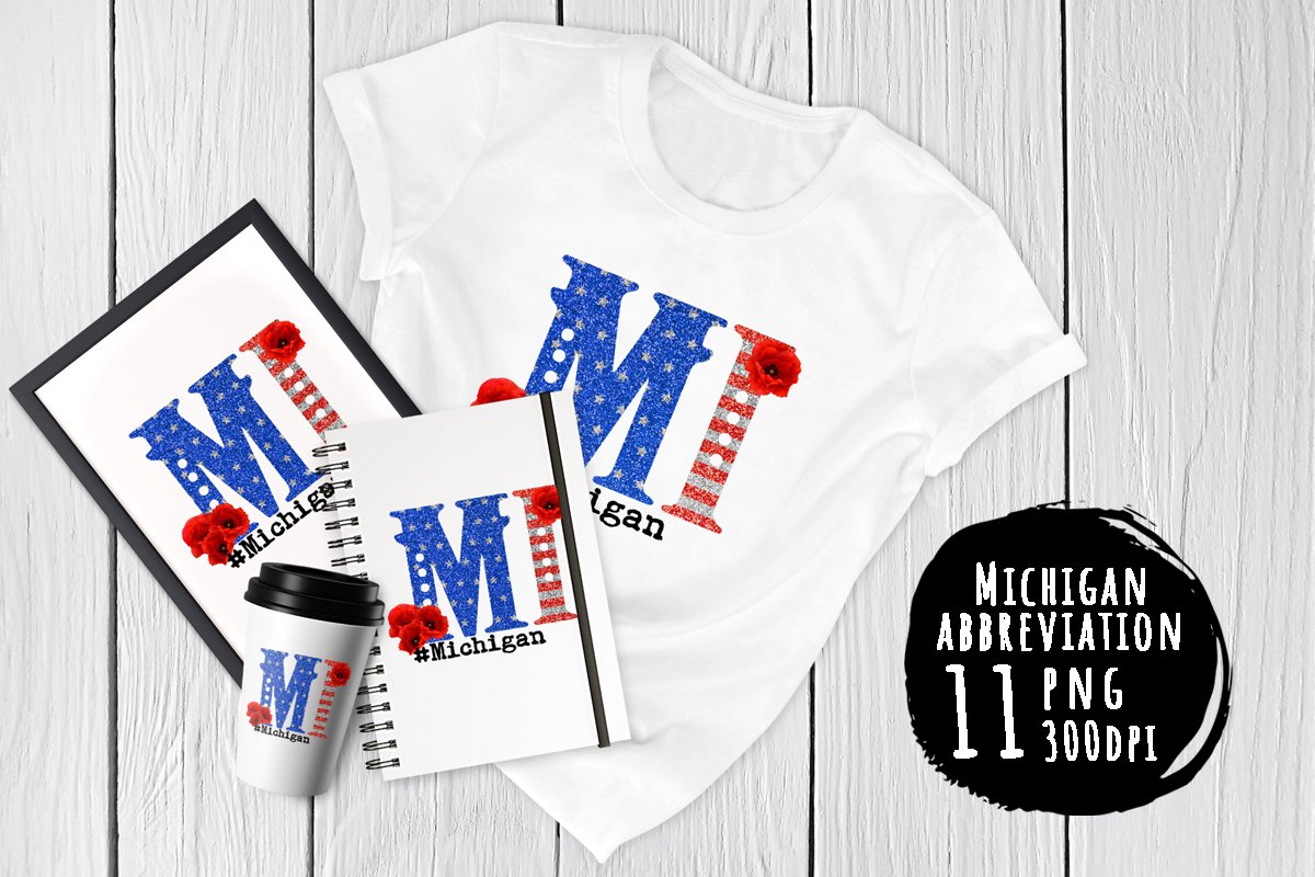 State abbreviation. USA sublimation. Michigan