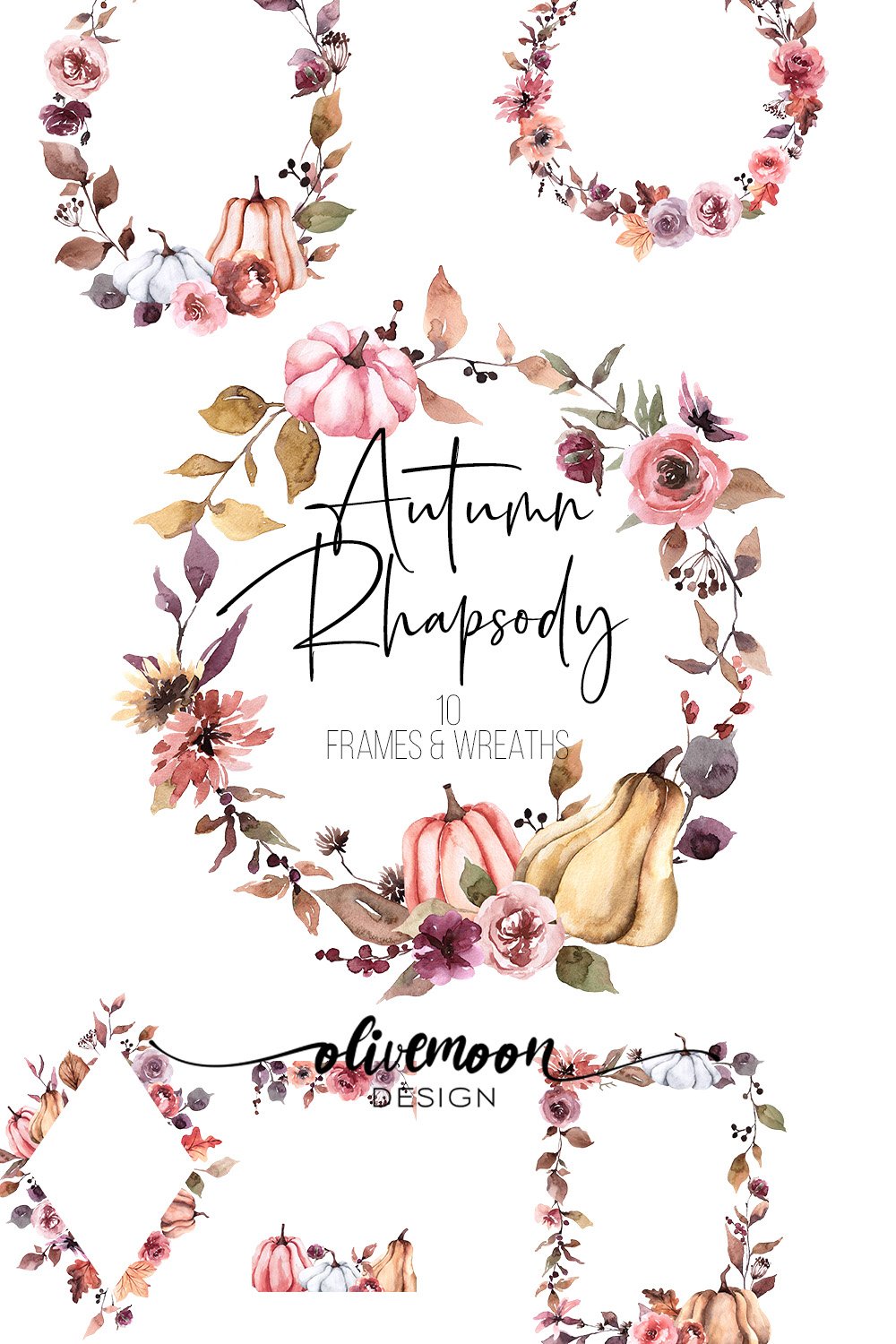 Fall Clipart Watercolor Wreaths Frames Autumn Pumpkins PNG