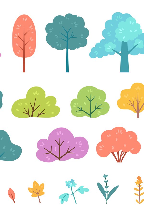 Flat minimal bush, shrub, tree, grass, wild plant and flower