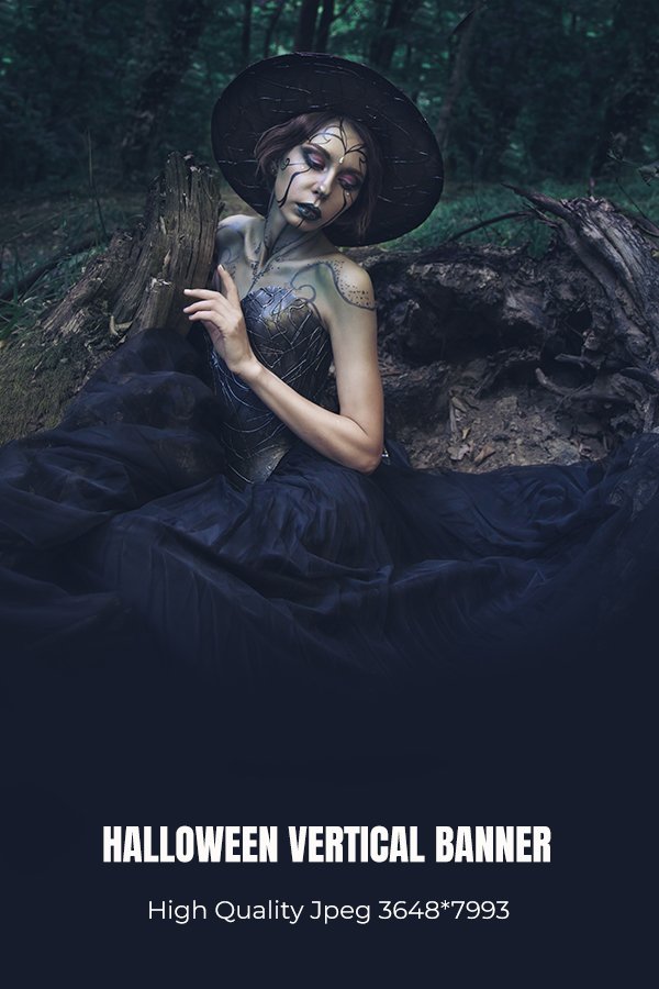 Halloween vertical banner with witch in a dark magic forest.