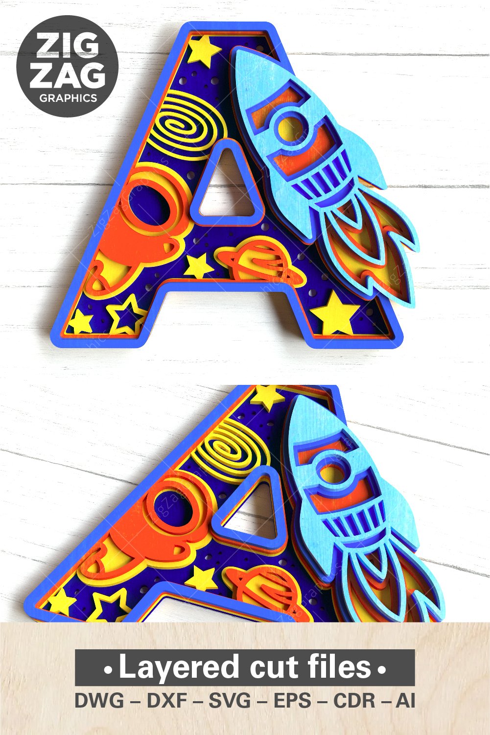 layered kids letter a with space rocket astronaut and stars