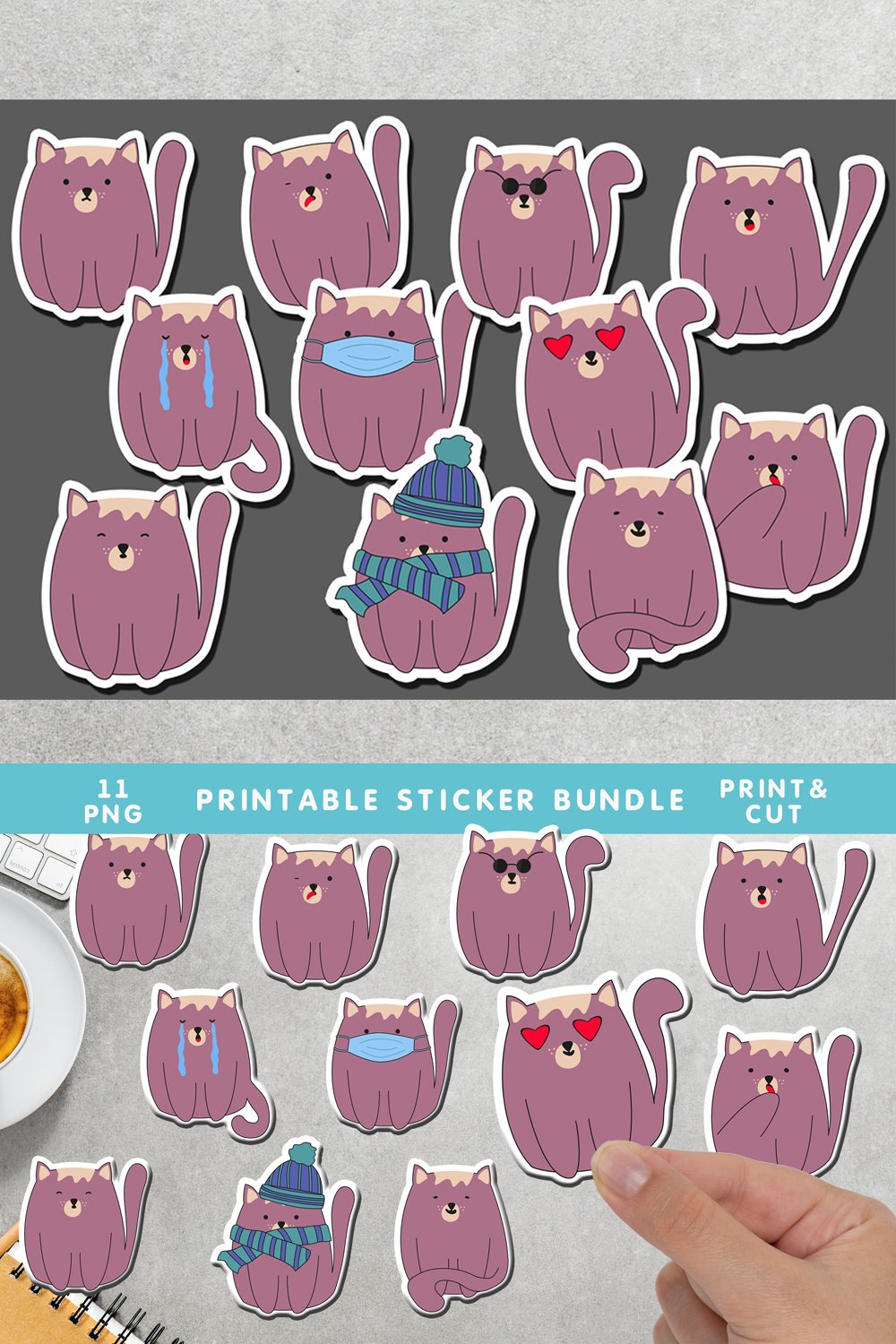 Funny Cats Stickers Bundle, 11 png Printable (2194471)