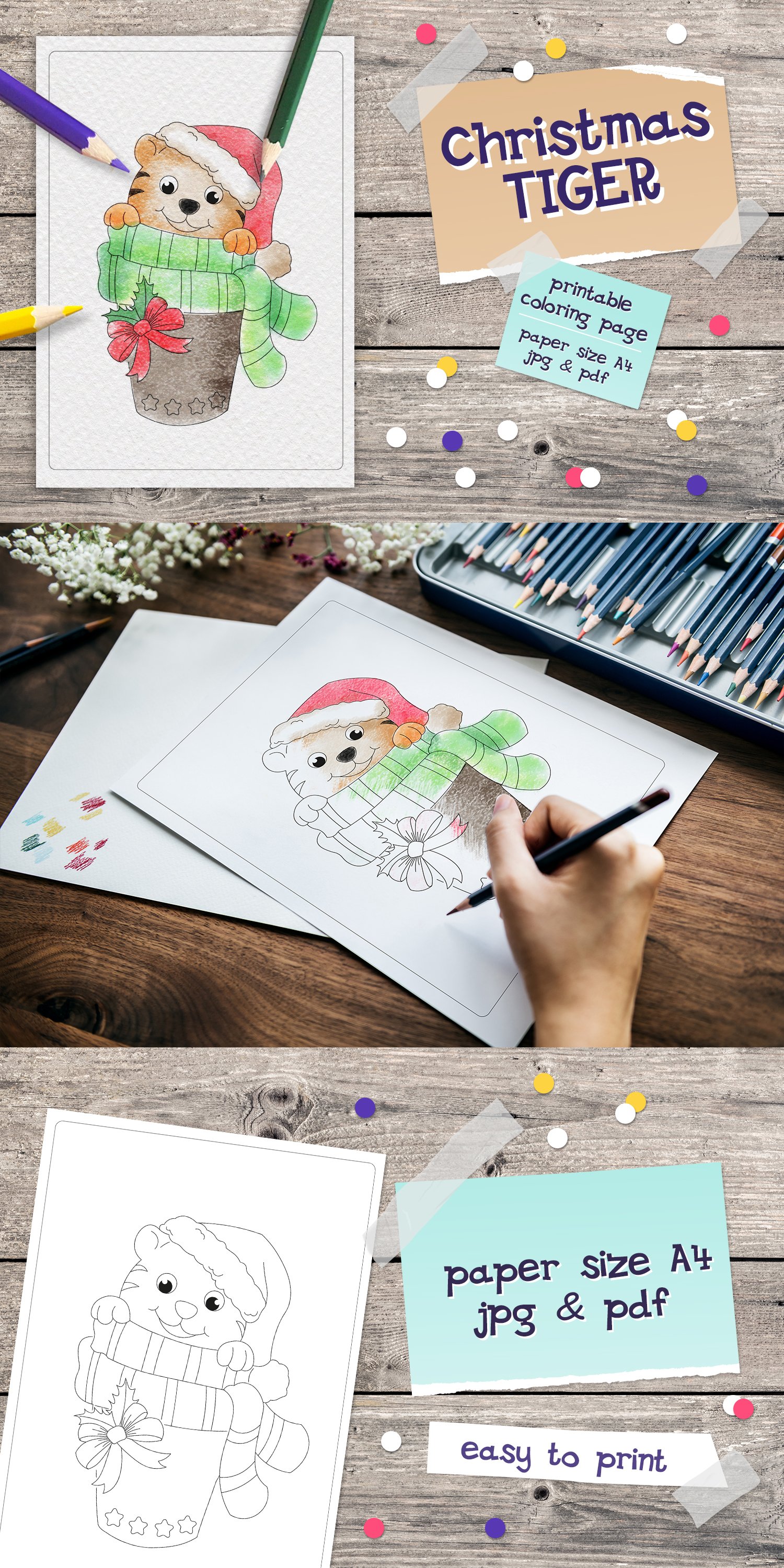 Christmas tiger coloring page for Kids. Activity Page for KI