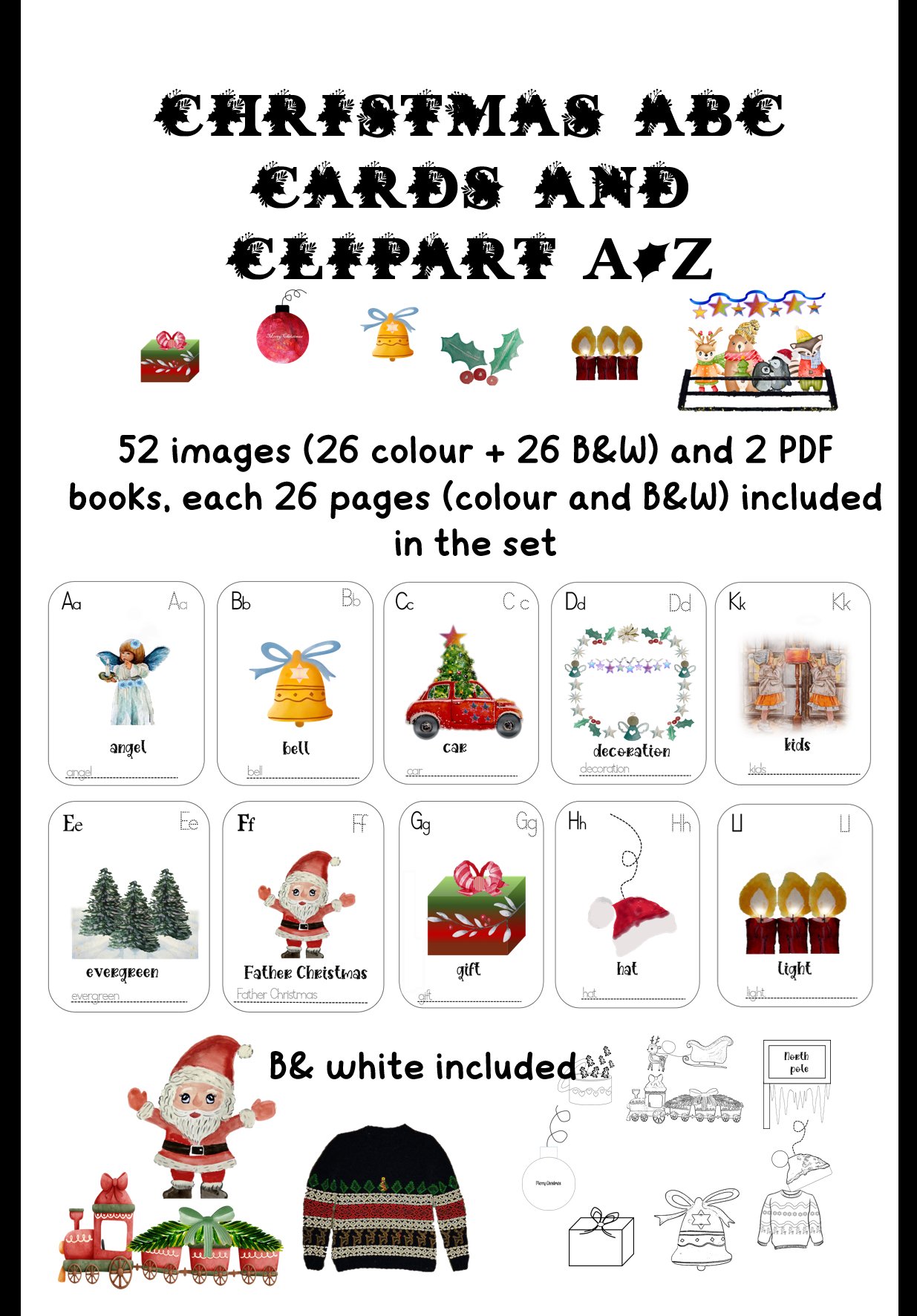 Christmas ABC clipart with flashcards and black and white