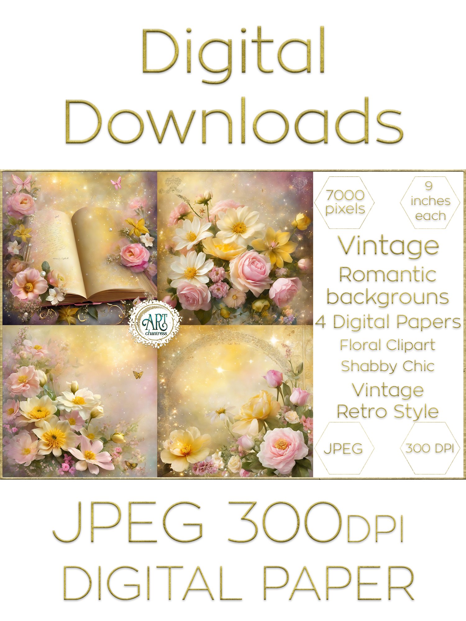 Vintage Floral Yellow Blush Pink Old Romantic Retro Digital