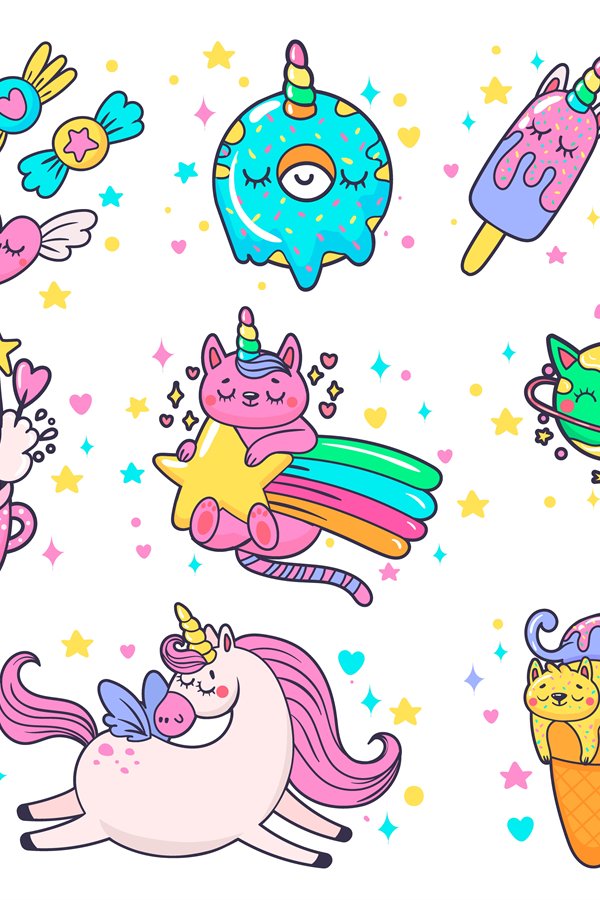 Cute hand drawn patches. Magic fairytale pony unicorn, fabul