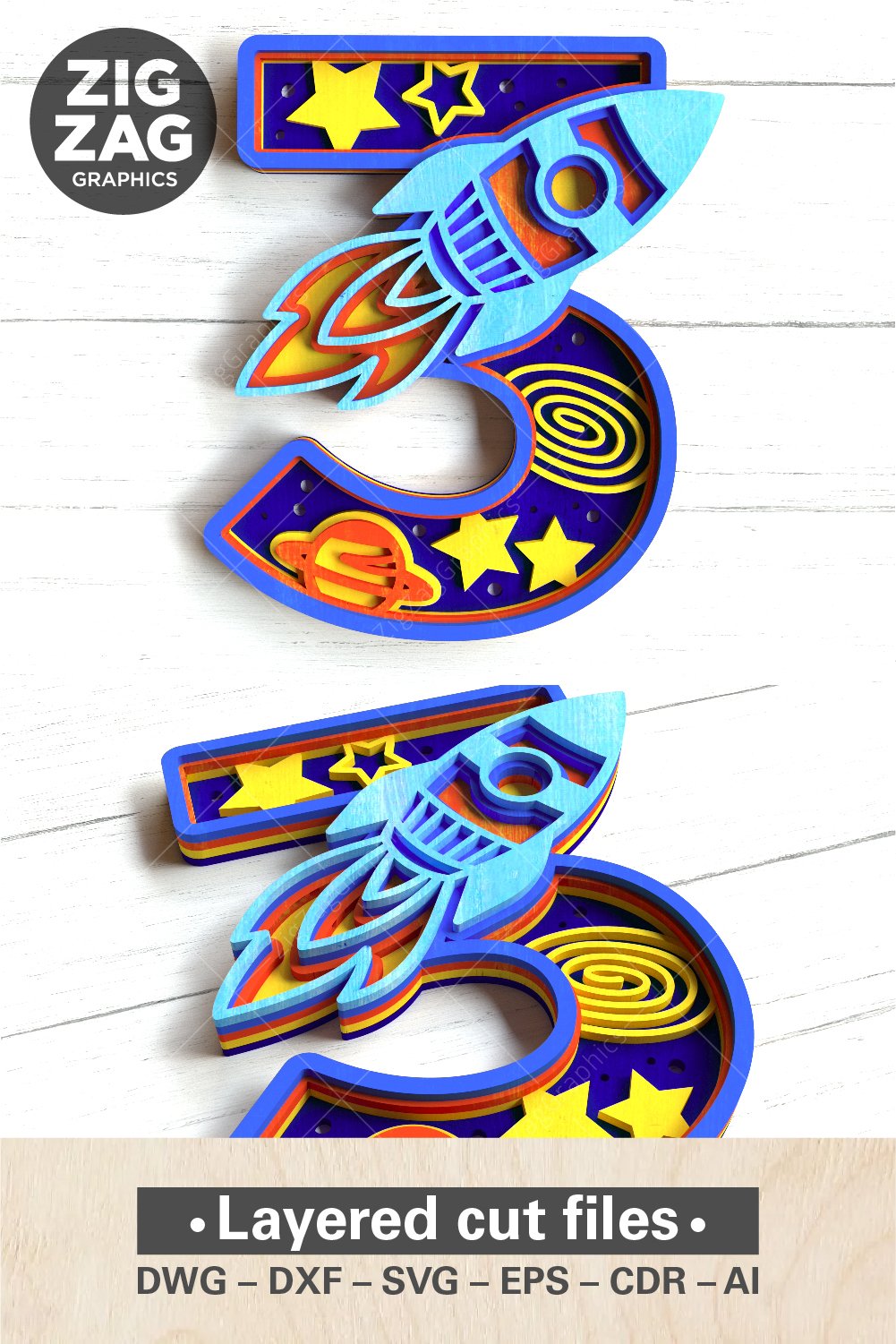 layered kids number 3 with space rocket astronaut and stars