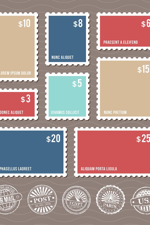 Blank postage stamps in different sizes and vintage postmark