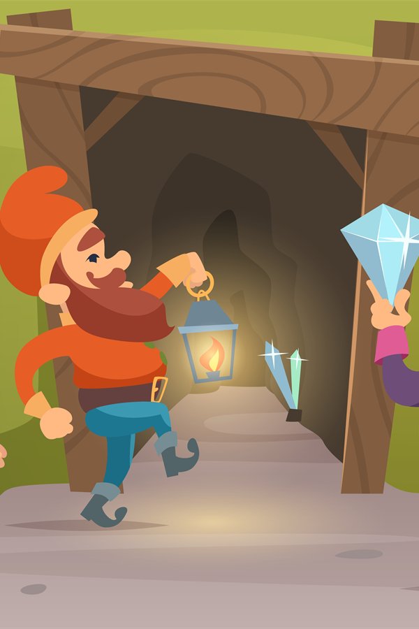 Dwarves in the mine. Vector characters of dwarves which mine