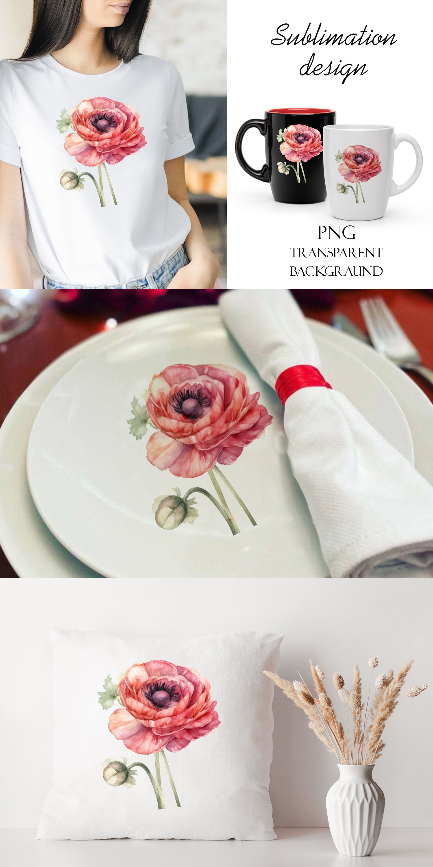 Sublimation design, pink ranunculus flowers, PNG file