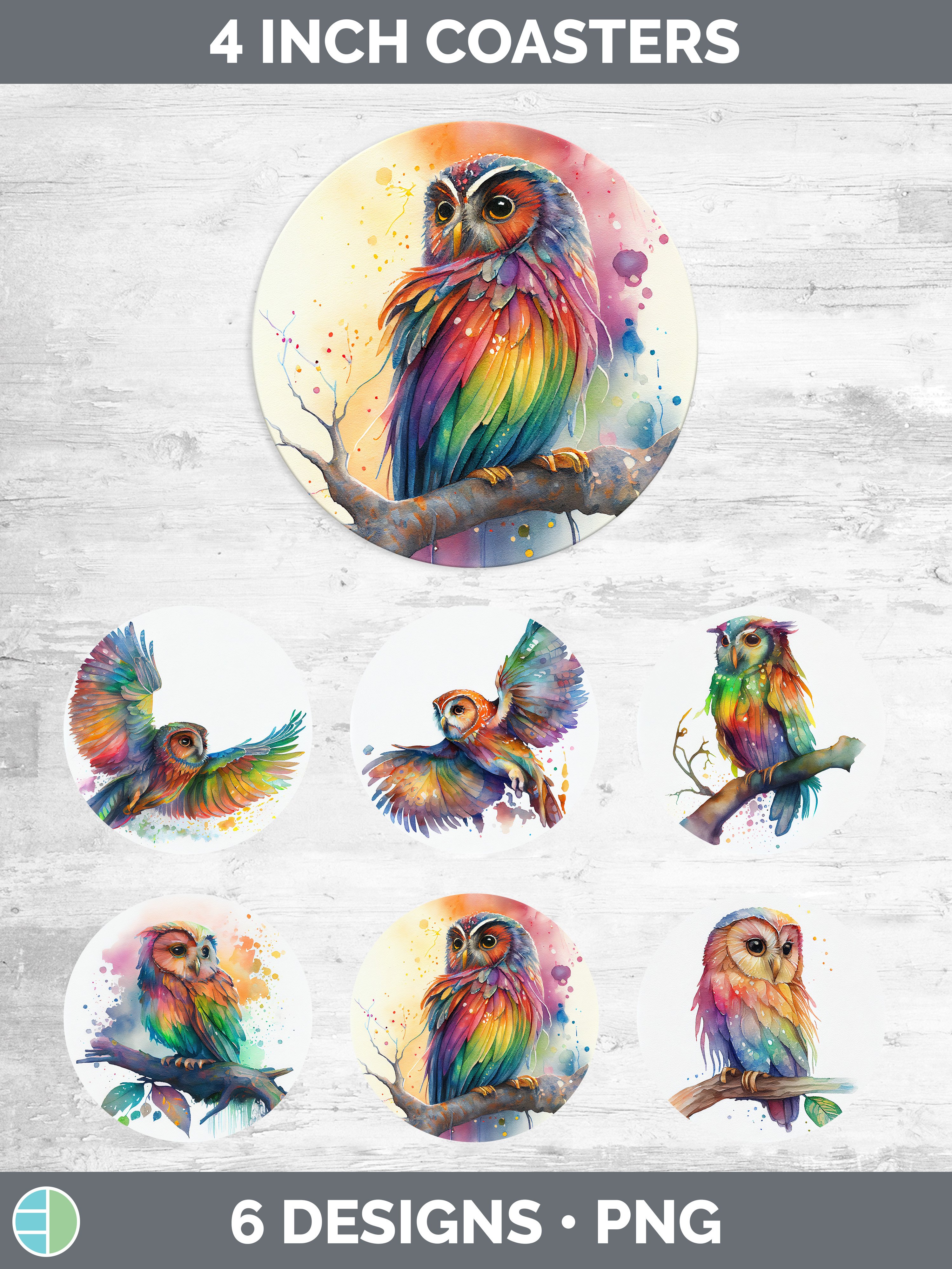 Rainbow Elf Owl Round Coaster | Sublimation Coaster Designs