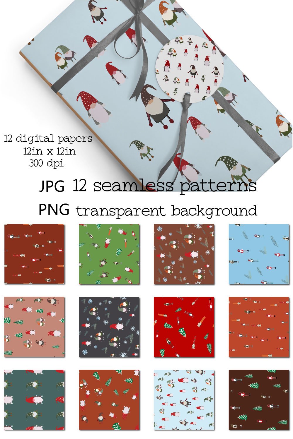 Christmas gnome digital paper- JPG, PNG