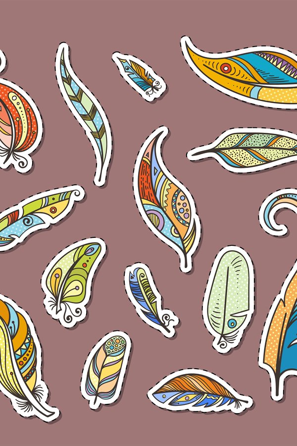Vector boho doodle feathers stickers set illustration