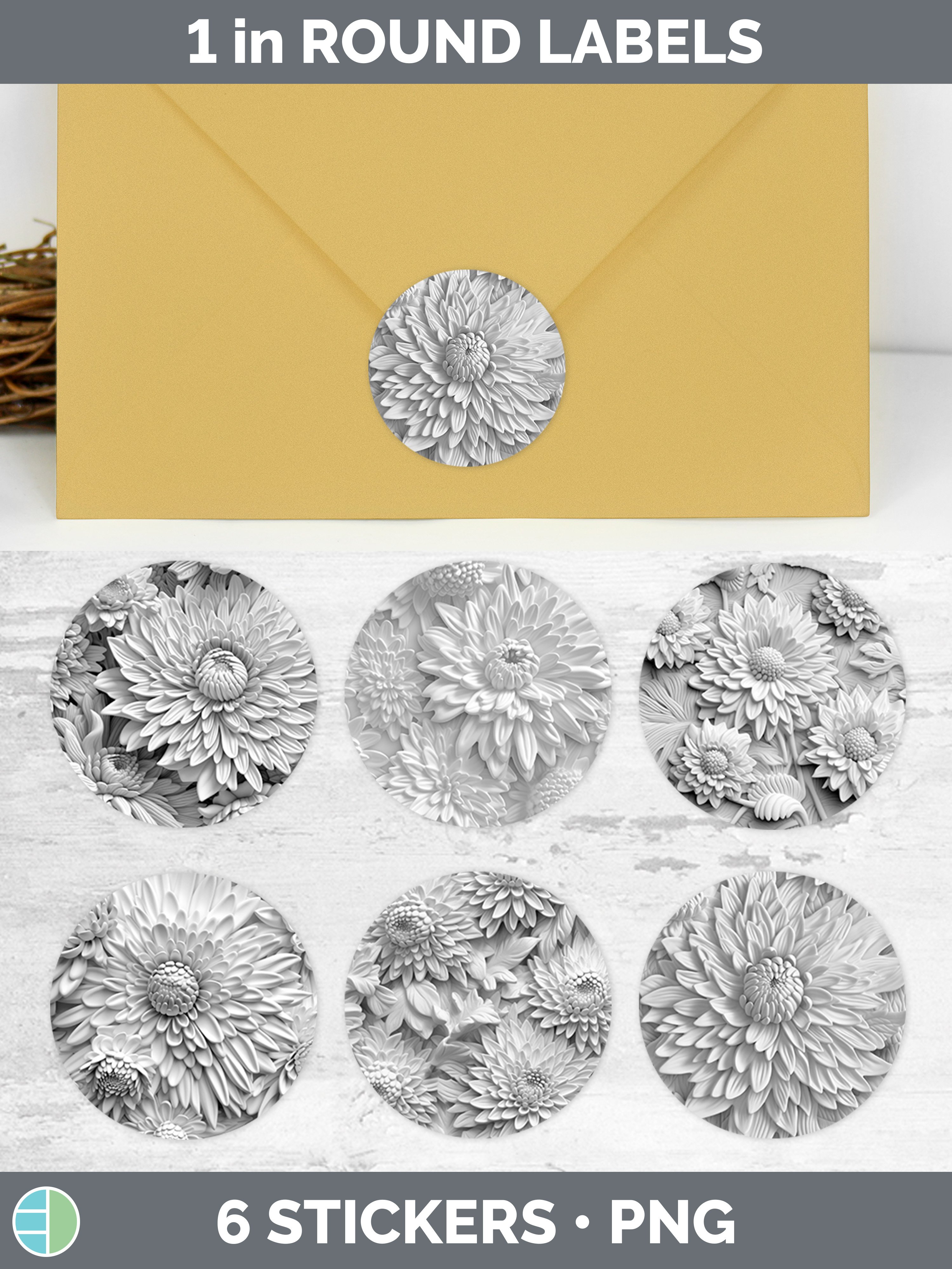 3D White Chrysanthemum Flowers Stickers | Round Labels Desig