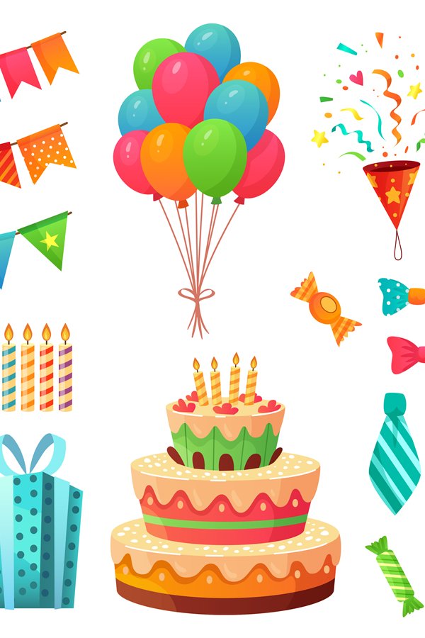 Cartoon birthday party decorations. Gifts presents, sweet cu