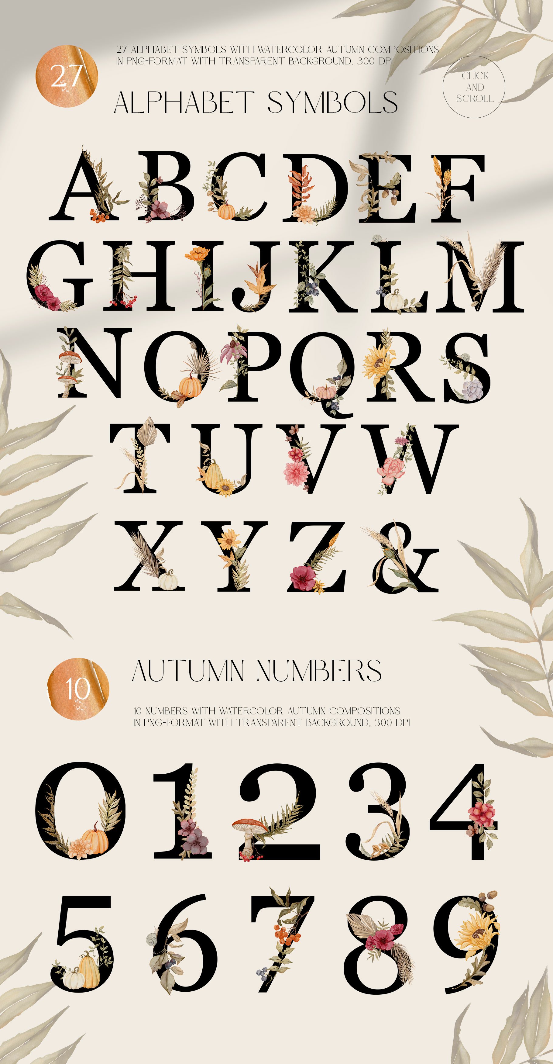 Autumn numbers - 10 png numbers with watercolor elements