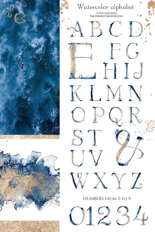 Abstract watercolor blue and gold alphabet
