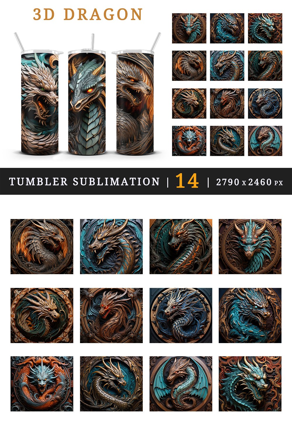 3D Dragon tumbler skinny wrap sublimation designs bundle