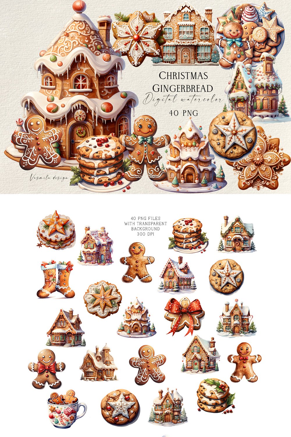 Christmas Gingerbread Clipart, Watercolor Xmas Cookies