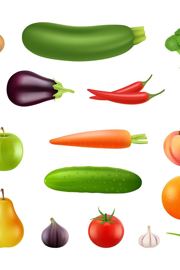 Realistic fruits vegetables. Big harvest clipart, isolated f