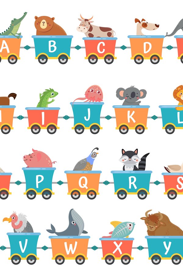 Alphabet train with animals. Cartoon animal illustration in