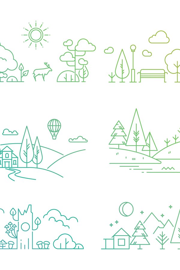 Nature landscape icons with tree, plants, mountains, river