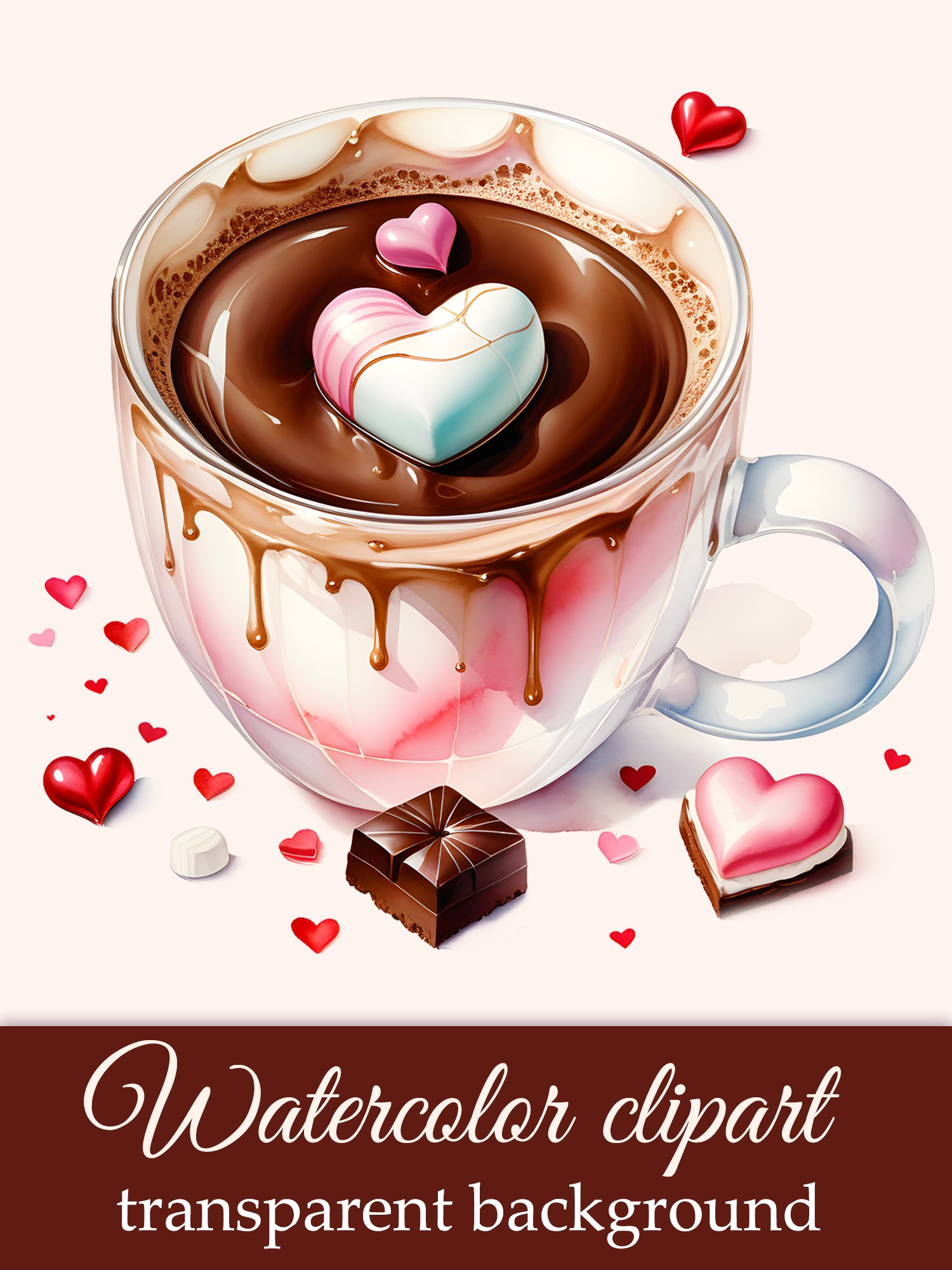 Watercolor coffee cup with hearts and chocolate, clipart Png