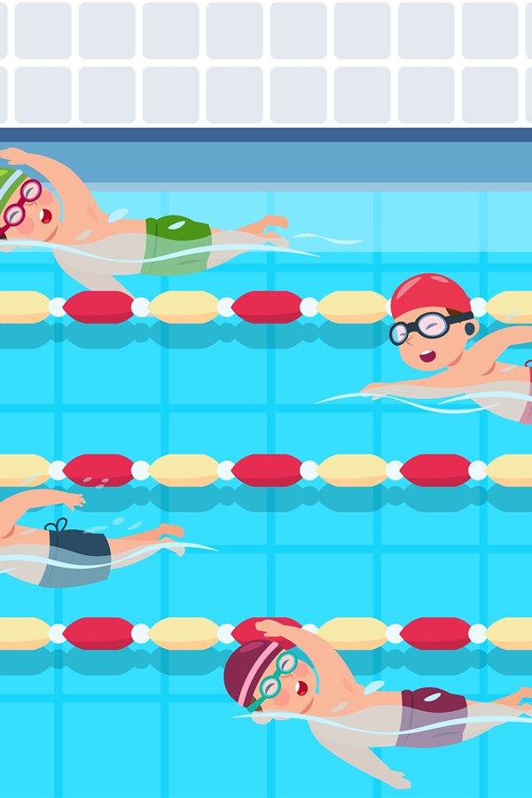 Kids swim. Childrens swimming competition in pool. Sports at