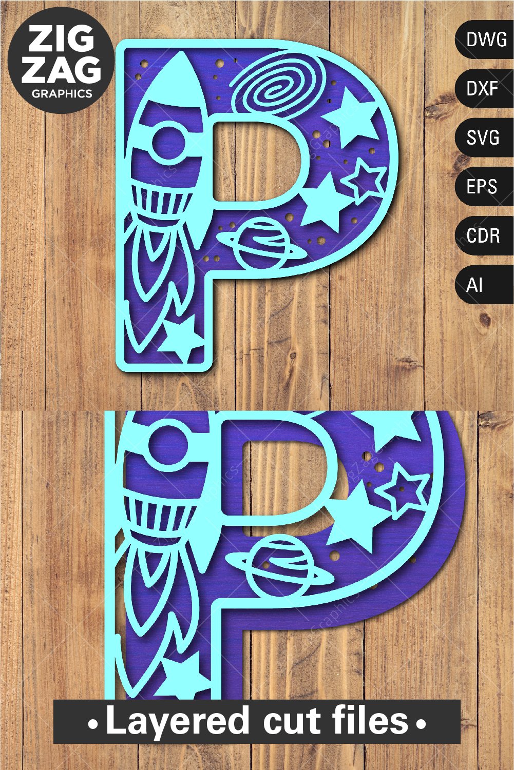 layered kids letter P with space rocket astronaut and stars