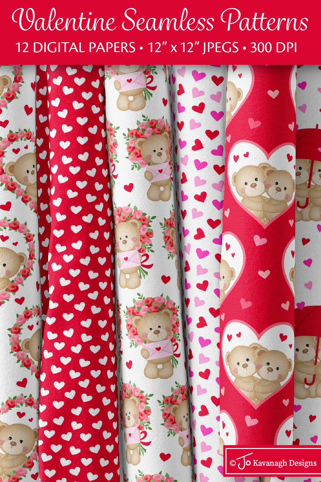 Valentine Digital Papers , Valentine Bear, Heart Patterns
