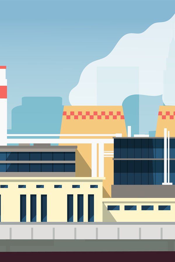 Industrial factory building construction exterior with city