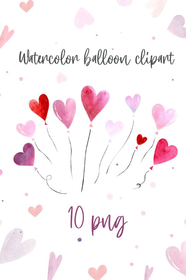 Watercolor hearts balloons clipart. Valentines day PNG