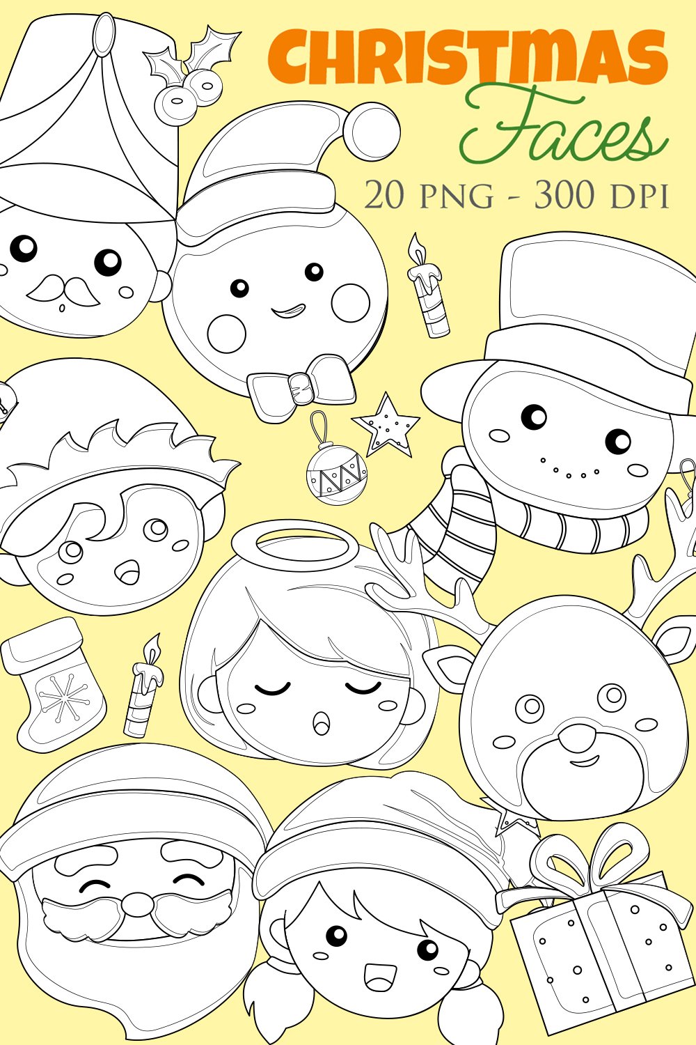 Cute Christmas Faces Snowman Reindeer Santa Digital Stamp