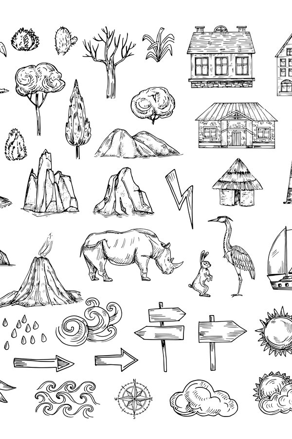 Map elements. Sketch hill and mountain, tree and bush, build
