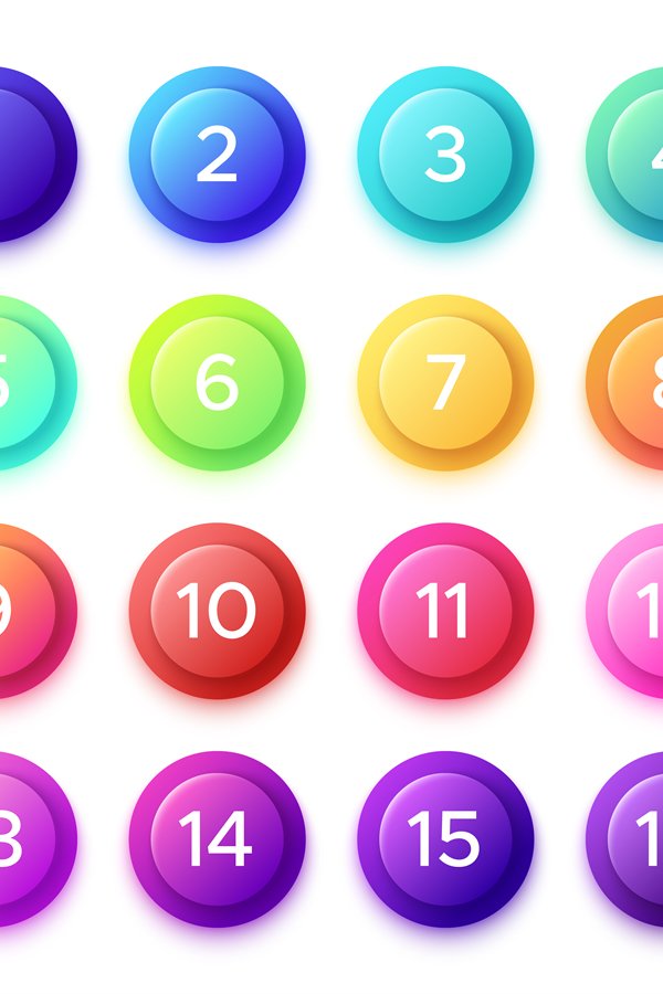 Pointing number on gradient bullet button icon. Colorful 3D