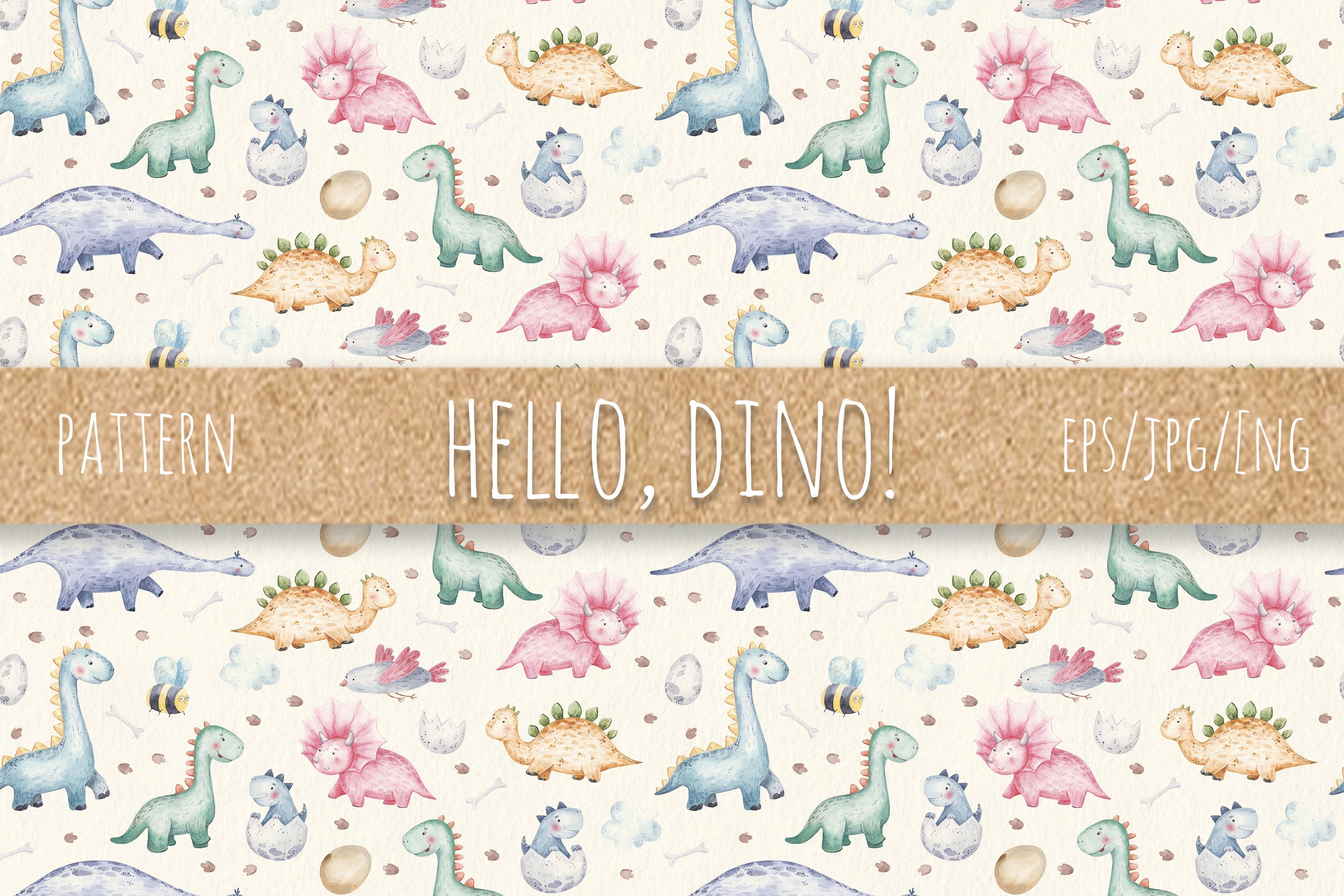 Watercolor baby Seamless Pattern with dino, dinosaur wallart