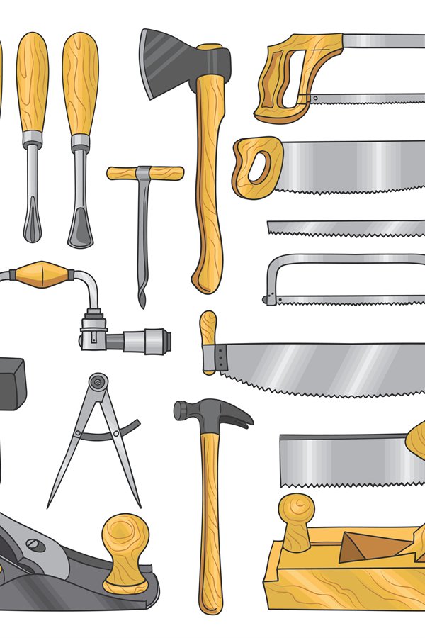 Colored illustrations of carpentry tools. Wooden work