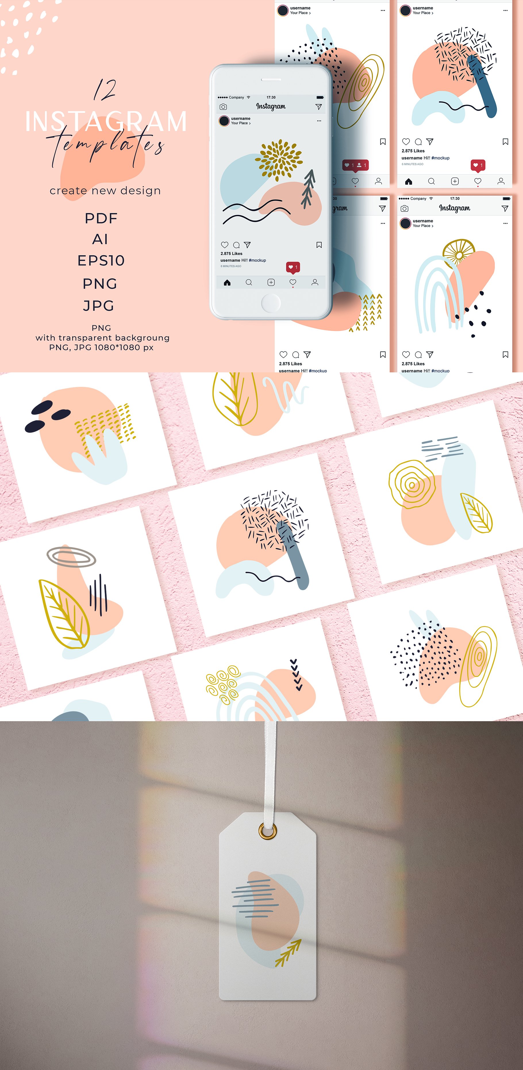 12 Instagram templates post in modern abstract art style