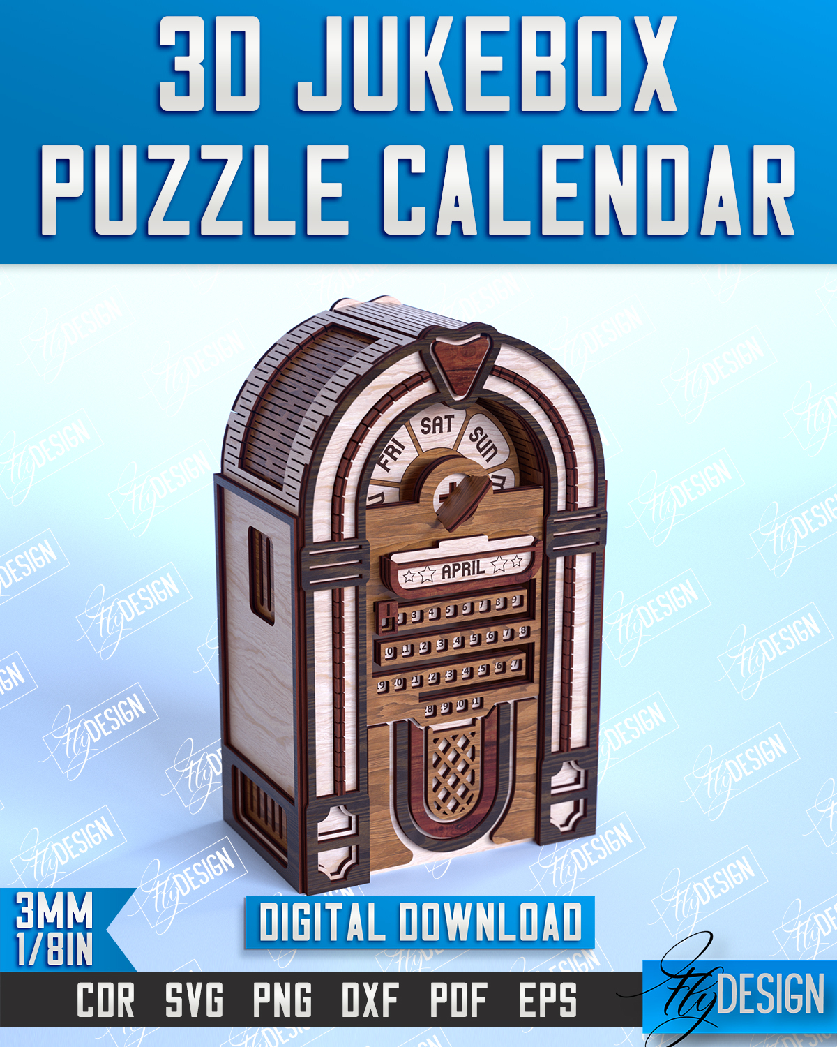 3D Jukebox Puzzle Calendar Laser Cut, Perpetual Calendar SVG