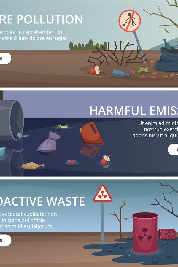 Waste nature banners. Toxic trash in rivers and oceans pollu