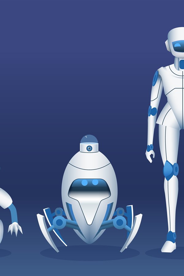 Robot characters. Cartoon futuristic robots, androids, cybor